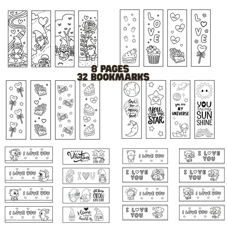 Printable Valentine's Day Coloring Bookmarks, 8 PAGES (PDF Printable ...