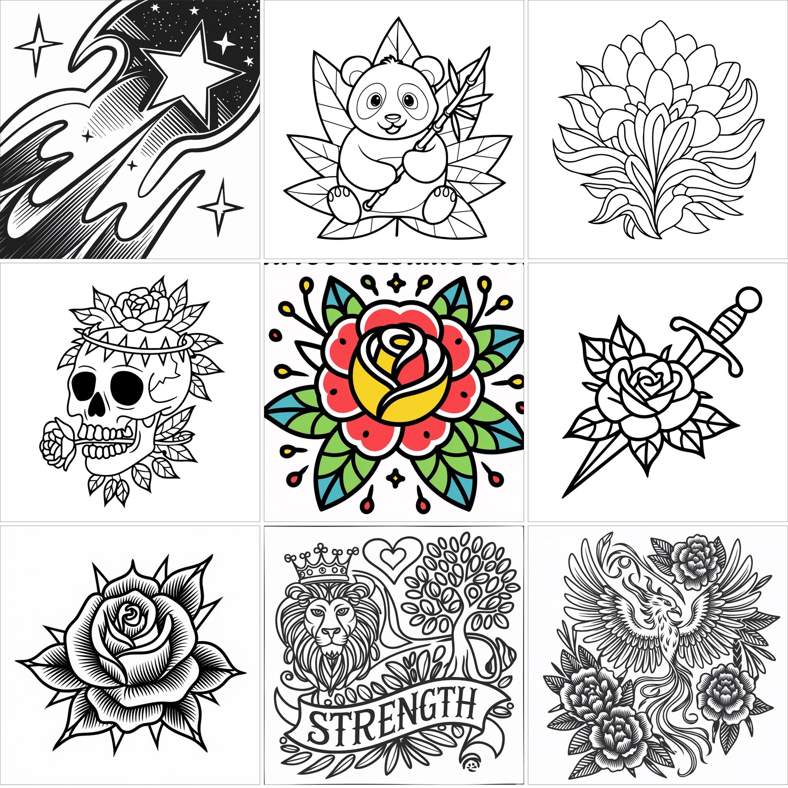 Bold and Easy Tattoo Themed Coloring Book | 105 Pages of Coloring ...