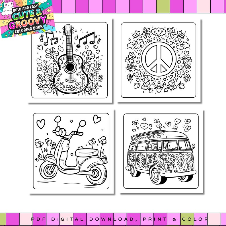Cute Groovy Coloring Book, Bold Easy Designs (PDF Download) - Etsy