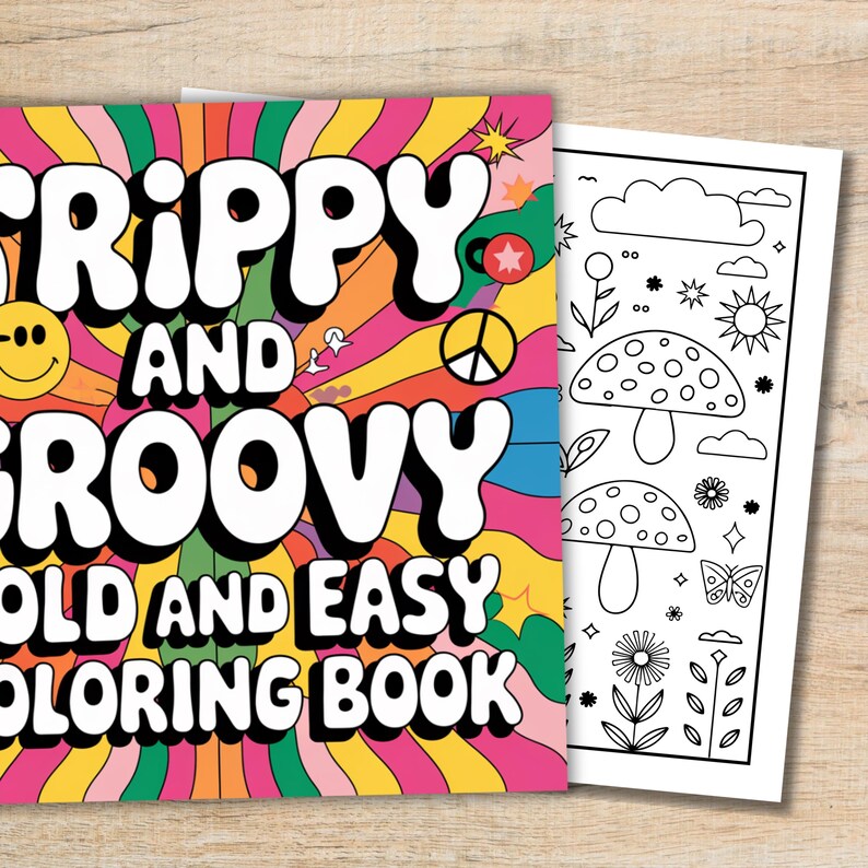 Trippy Groovy Hippie Coloring Book, Bold Easy Pages (PDF Download) - Etsy