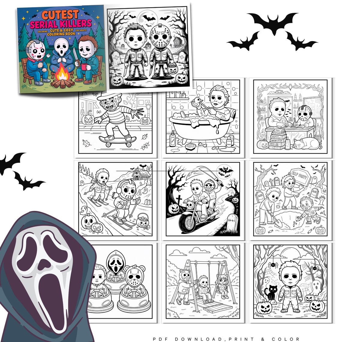 Cute Serial Killers Coloring Book, Halloween Bold Designs (PDF ...
