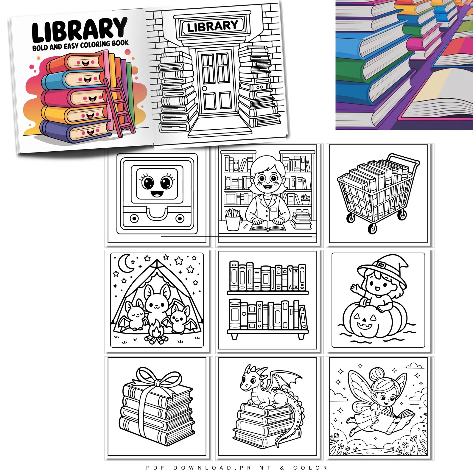 Bold and Easy LIBRARY Coloring Book | PDF Digital Download, Print and ...