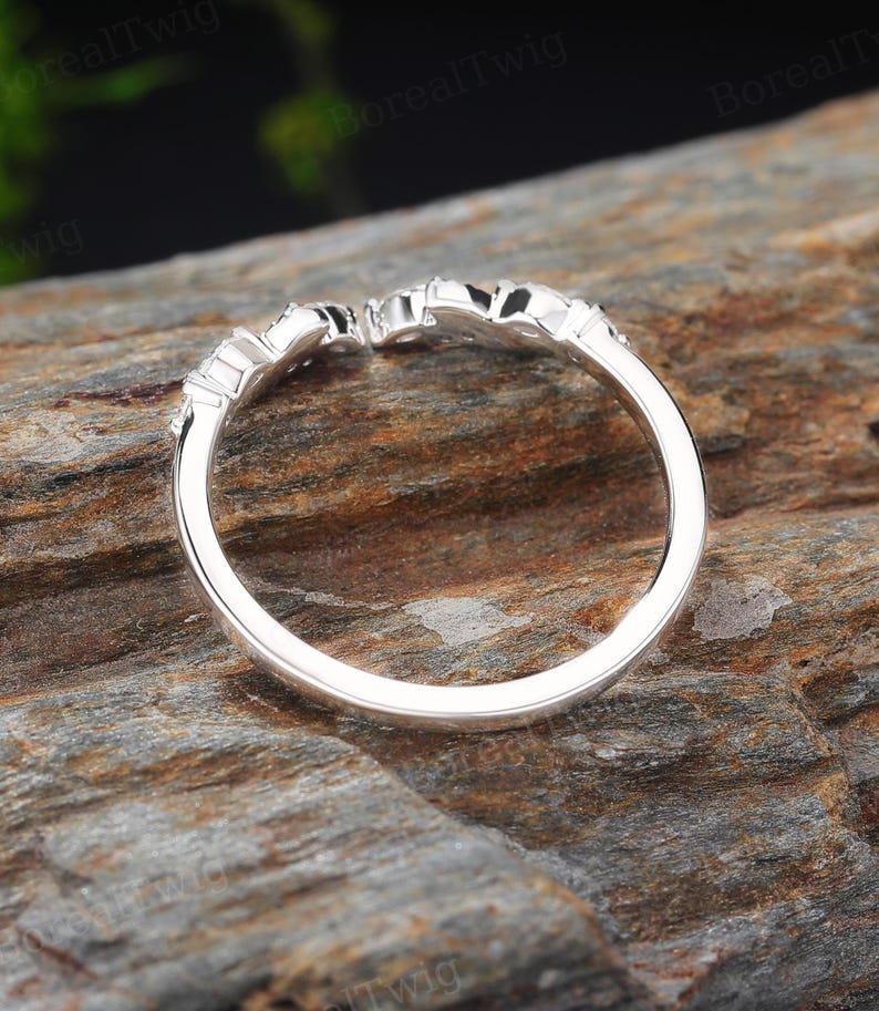 Leaf Moissanite Curved Wedding Band Dainty White Gold Diamond Open ...