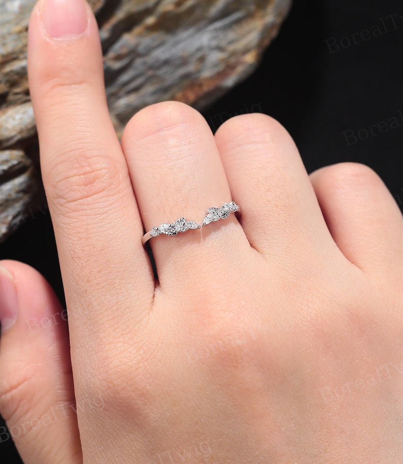Leaf Moissanite Curved Wedding Band Dainty White Gold Diamond Open ...