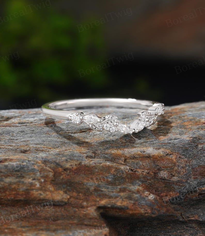Leaf Moissanite Curved Wedding Band Dainty White Gold Diamond Open ...