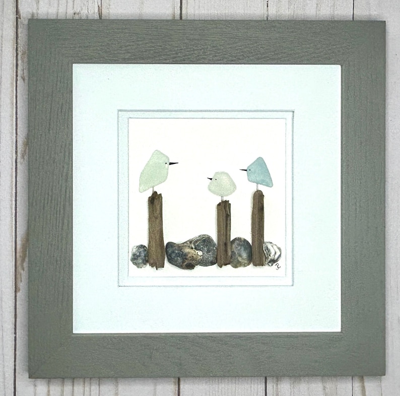 Sea Glass Birds on Shells and Driftwood Posts 8x8 Framed Original ...