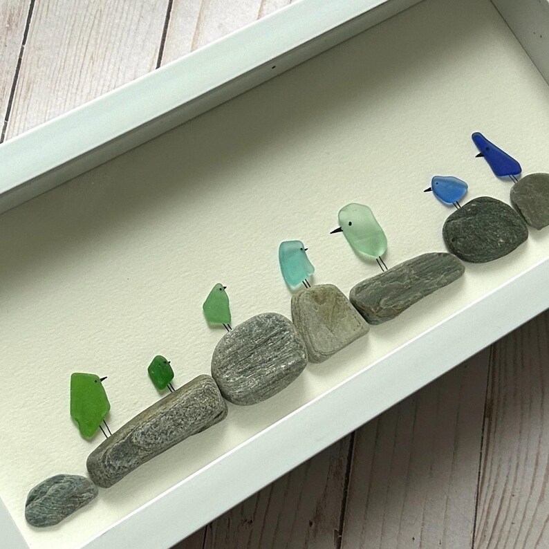 Sea Glass Rainbow Birds on Pebbles - Framed Shadowbox Artwork - 6x14 - Etsy