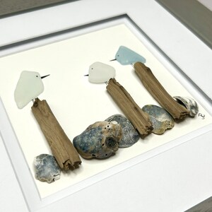 Sea Glass Birds on Shells and Driftwood Posts 8x8 Framed Original ...
