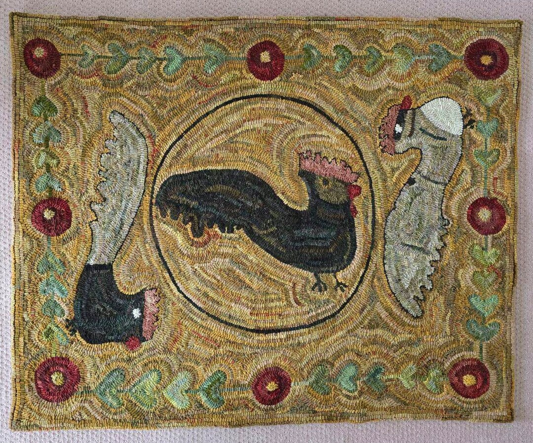 Primitive Folk Art Hooked Rug ~ Three Roosters ~ Early Style - Etsy