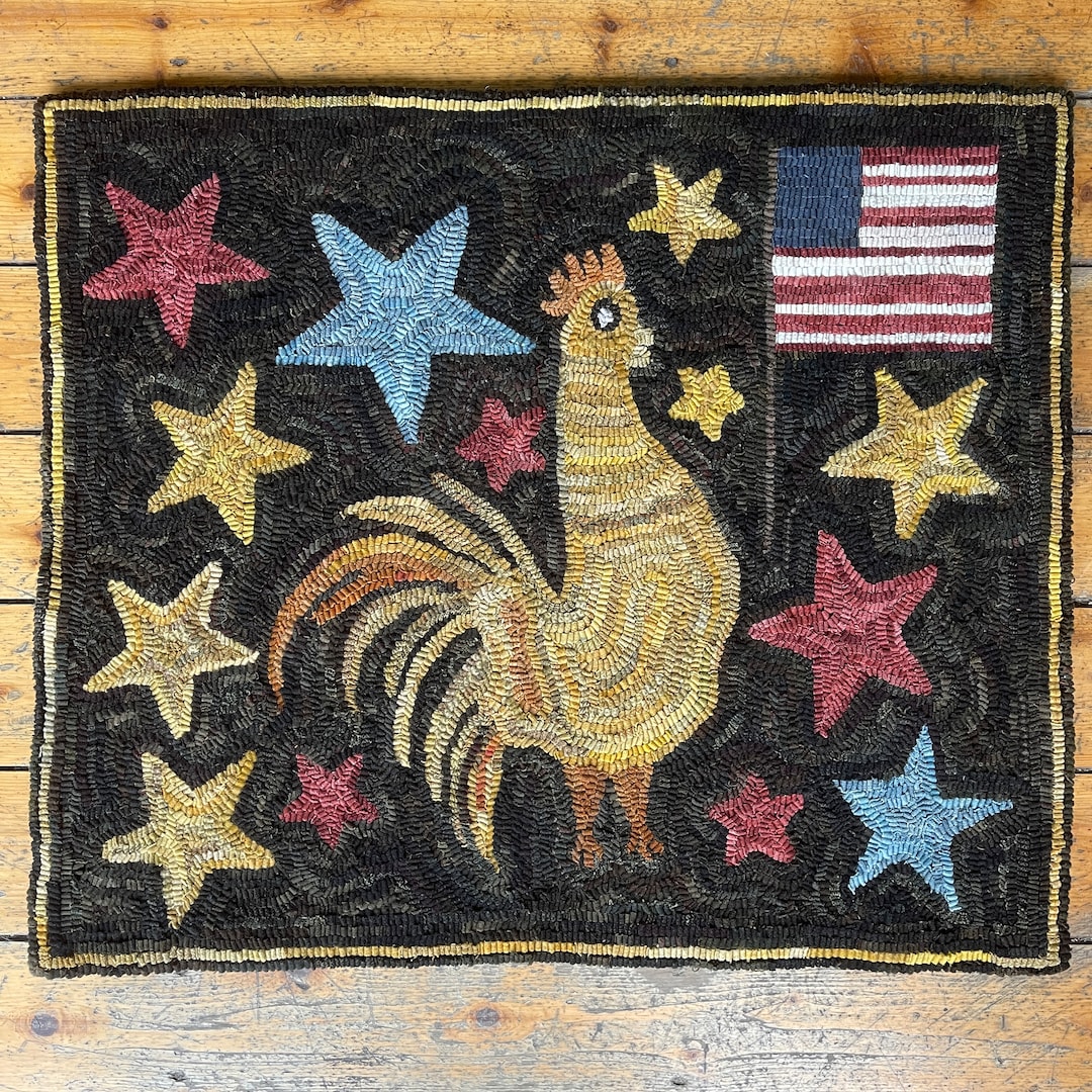 Primitive American Flag Chicken Wool Hooked Rug - Yankee Doodle - Etsy
