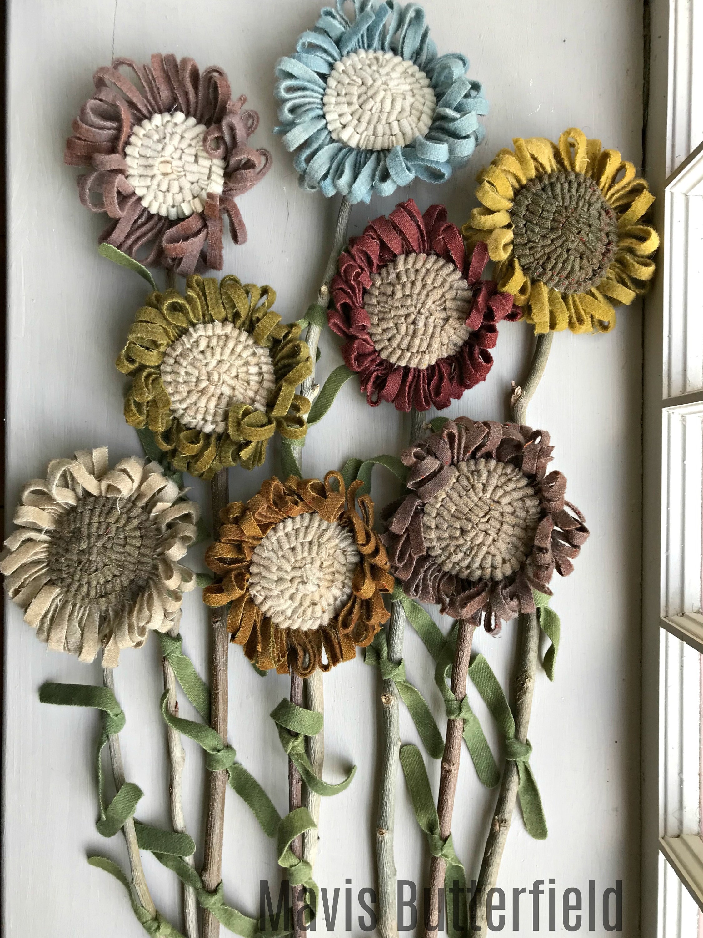 Set of 8 Primitive Folk Art Hooked Rug Flowers ~ Blue ~ with Brown Centers