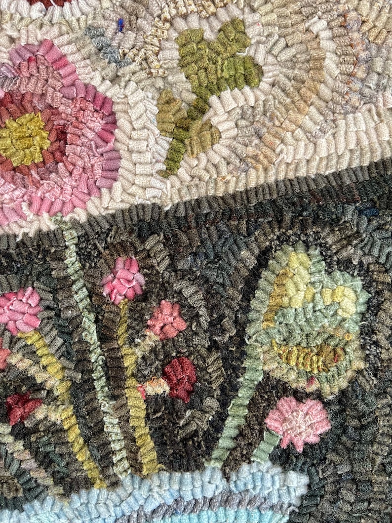 Primitive Folk Art Wool Hooked Rug Antique Flowers and - Etsy