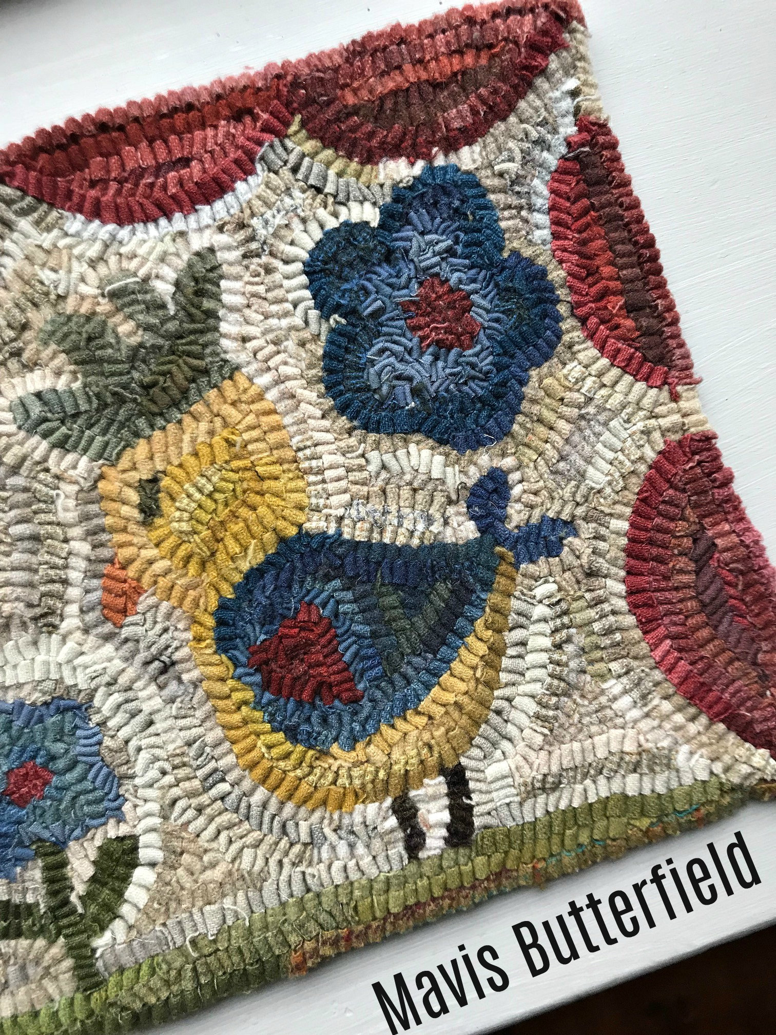 Primitive Folk Art ~ Chicks and Flowers ~ Wool Hooked Rug - Early Style