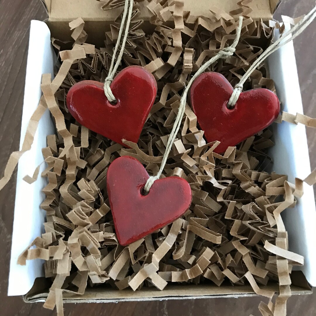 Set of 3 Mini Redware Red Heart Pottery Ornaments Primitive Folk Art - Etsy