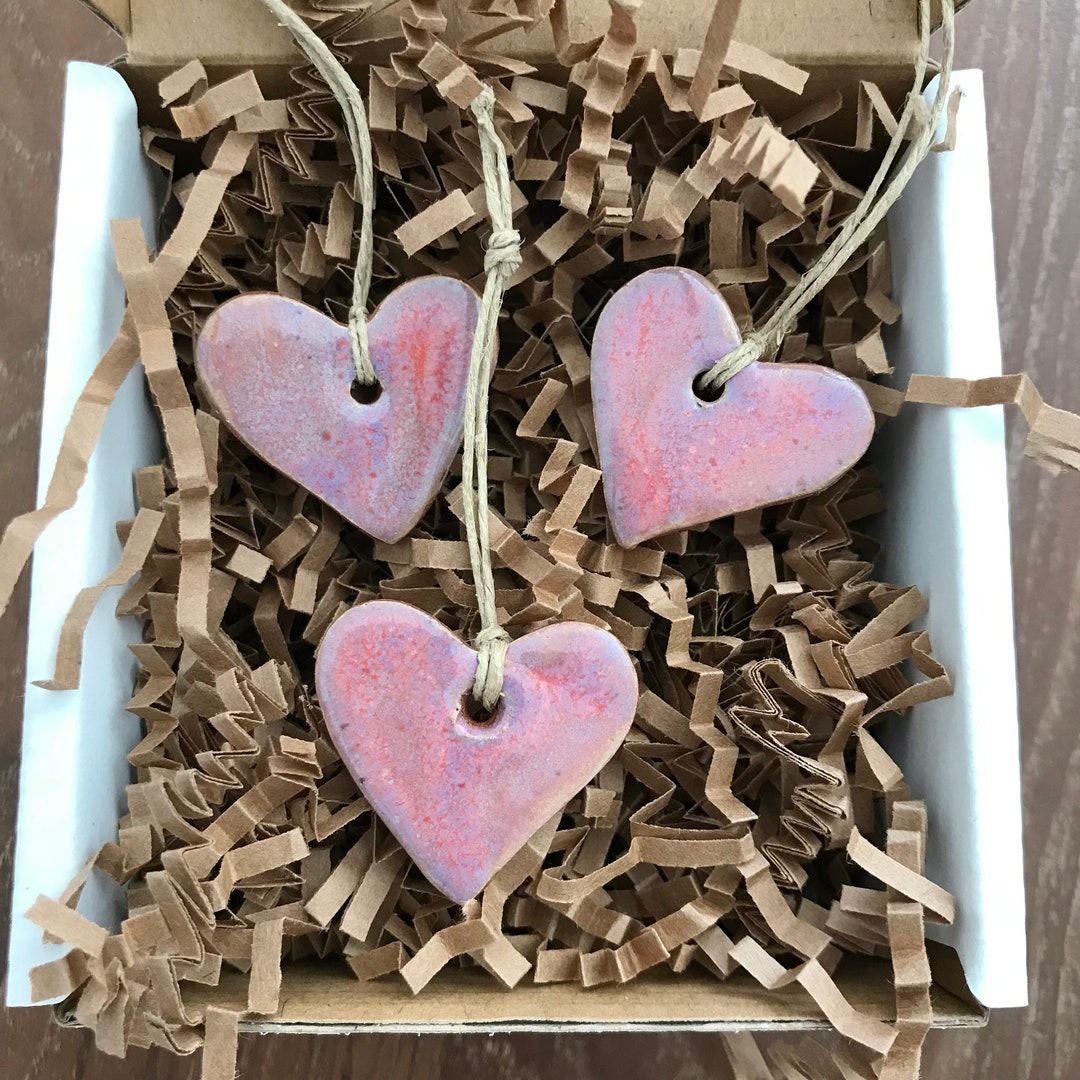 Set of 3 Mini Redware Pink Heart Pottery Ornaments ~ Primitive Folk Art ...