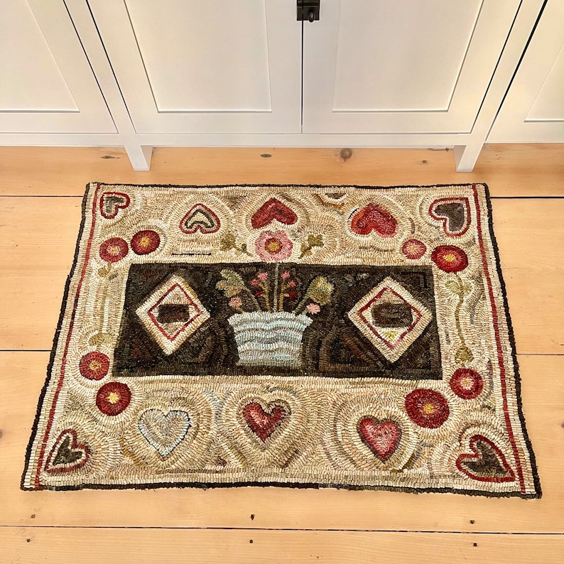 Primitive Folk Art Wool Hooked Rug Antique Flowers and - Etsy