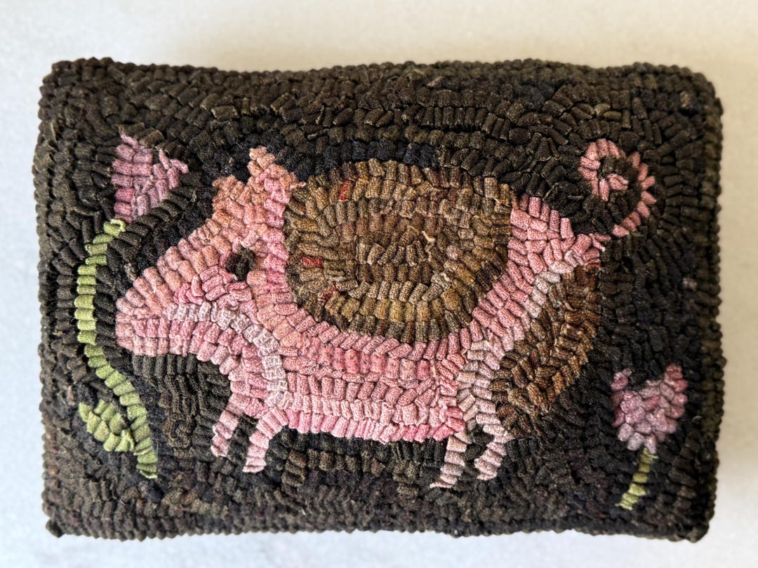 Primitive Folk Art Hooked Rug Pink Pig Pillow With Tulips - Etsy