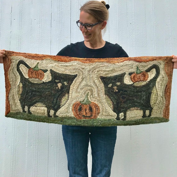 Primitive Folk Art Wool Hooked Rug 2 Black Cats and Pumpkin - Etsy