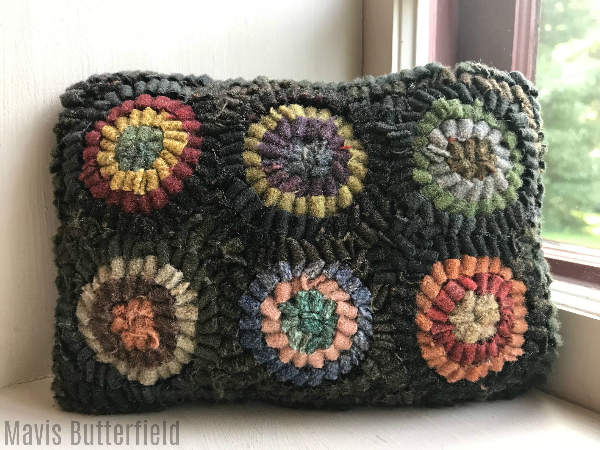 Primitive Folk Art Mini Hooked Penny Rug Pillow ~ Early Style