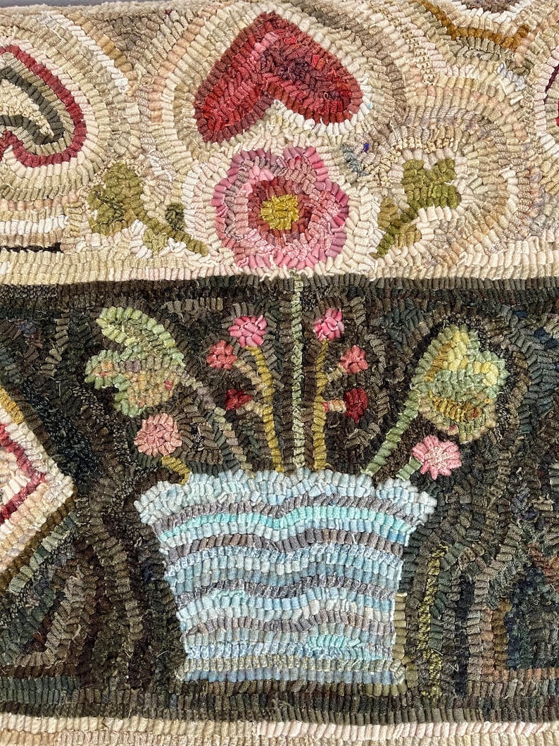 Primitive Folk Art Wool Hooked Rug Antique Flowers and - Etsy