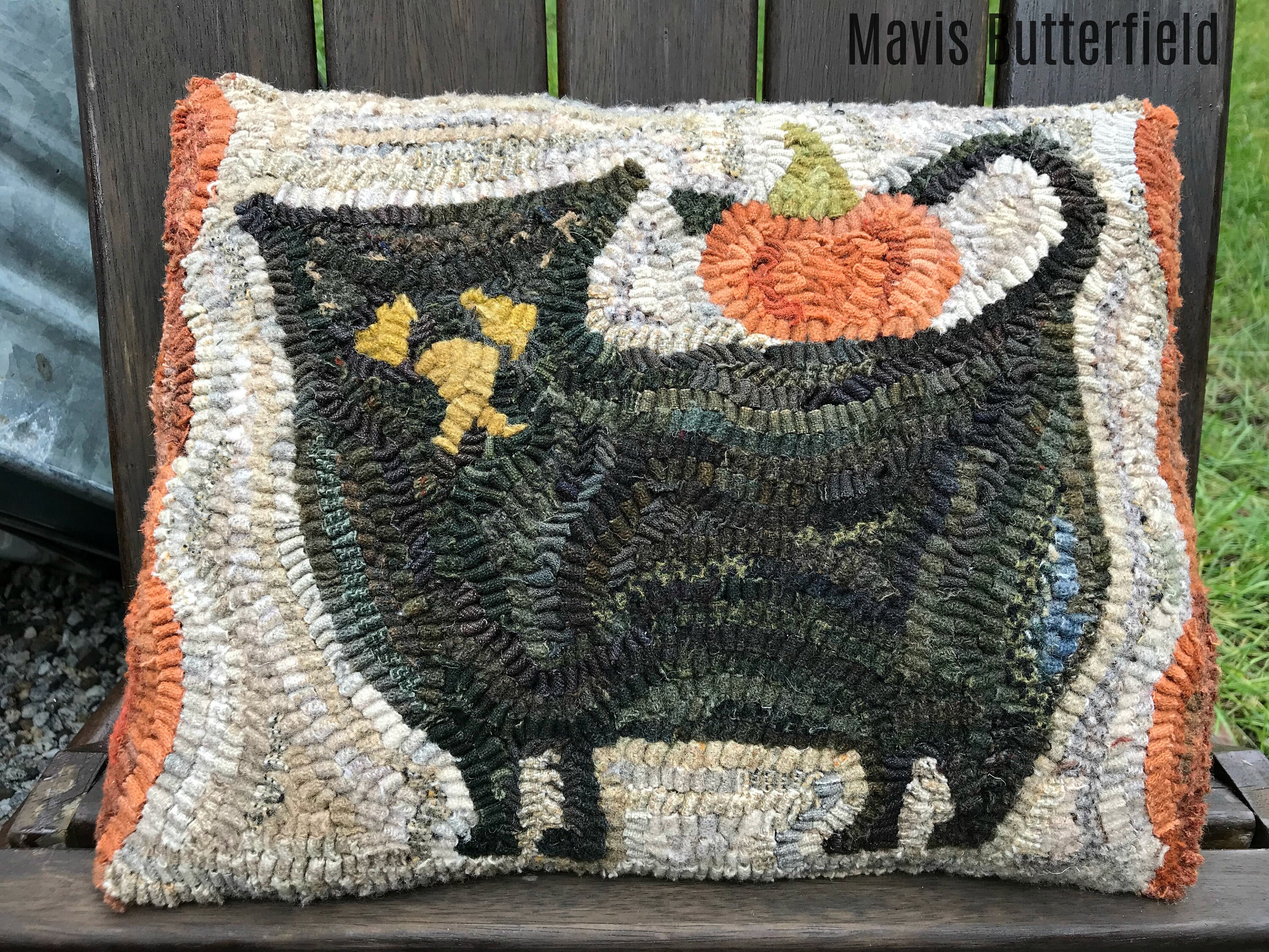 Primitive Folk Art Wool Hooked Rug PILLOW - Black Cat and Pumpkin