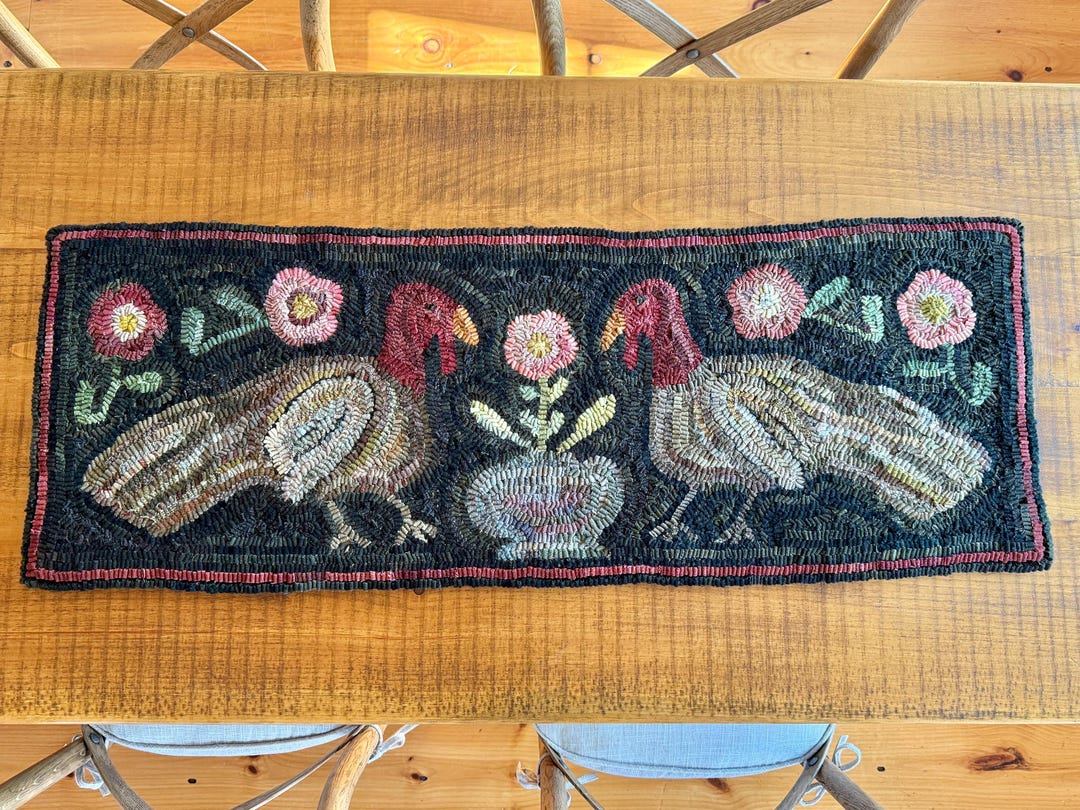 Primitive Folk Art Wool Hooked Rug ~ Thanksgiving Turkey Table Runner ...