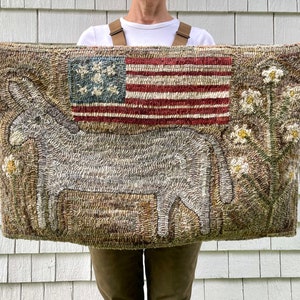 Primitive American Folk Art ~ Wool Hooked Rug - American Flag - Daisy ...