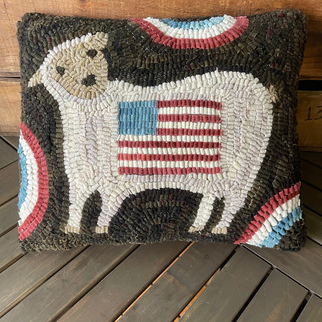 Folk Art Primitive Wool Hooked Rug Lamb With Flag PILLOW - Etsy