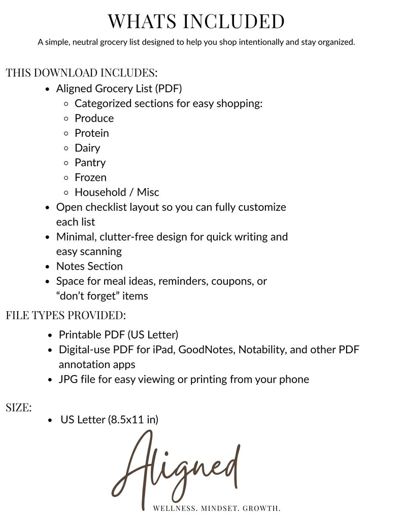 Aligned Grocery List | Minimal Printable Grocery Planner | Digital ...