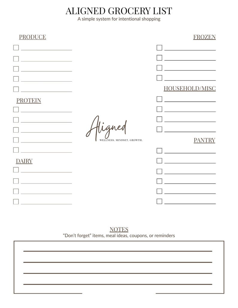Aligned Grocery List | Minimal Printable Grocery Planner | Digital ...