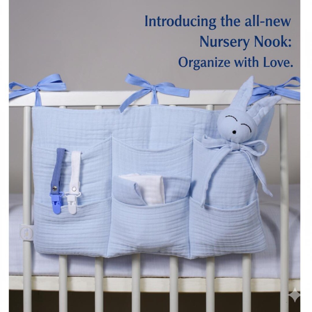 Organic Muslin Crib Organizer, Blue Bunny Nursery Caddy, 6-pocket ...