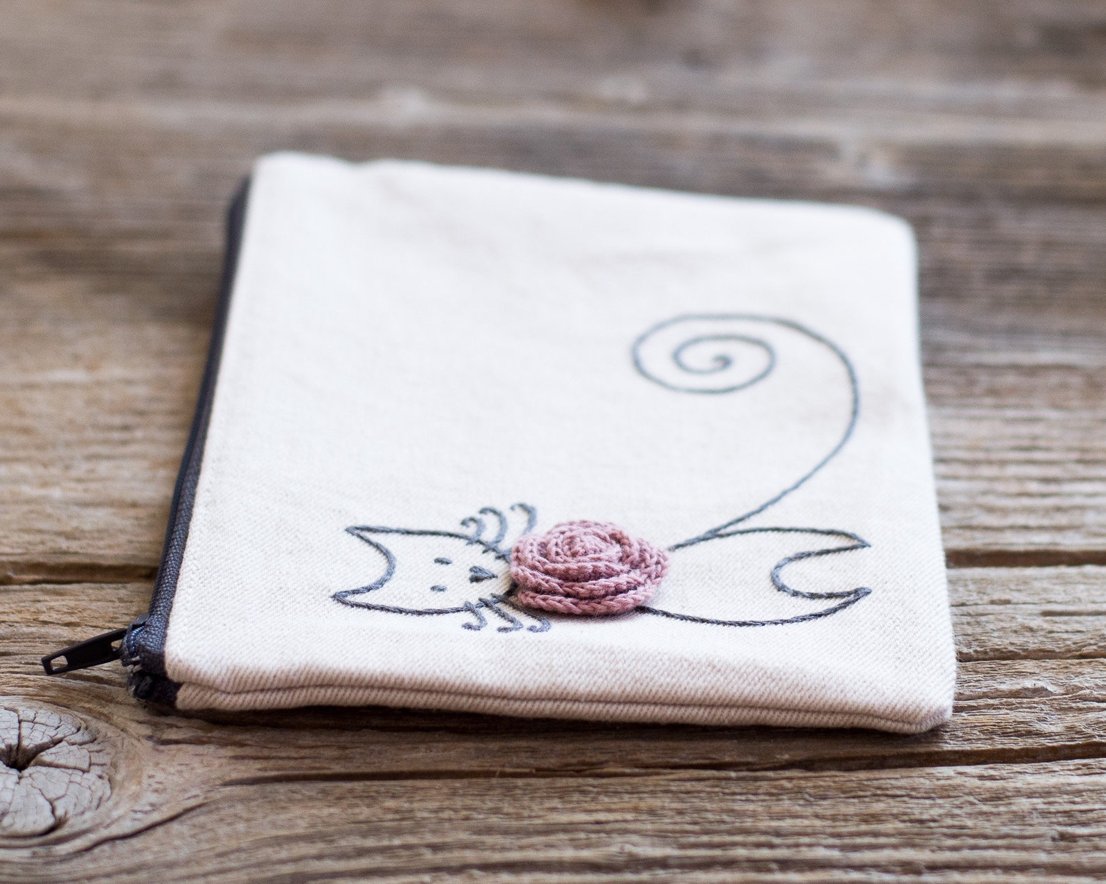 Grey Cat Cosmetic Bag Hand Embroidered Cat Zipper Pouch Gift | Etsy