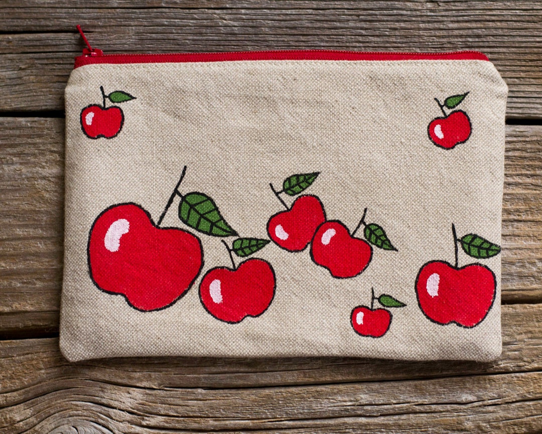 Hand Painted Red Apples Zipper Pouch, Natural Linen and Cotton Cosmetic ...