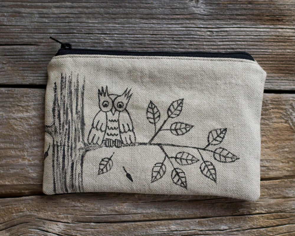 Hand Painted Owl Zipper Pouch Natural Linen and Cotton | Etsy