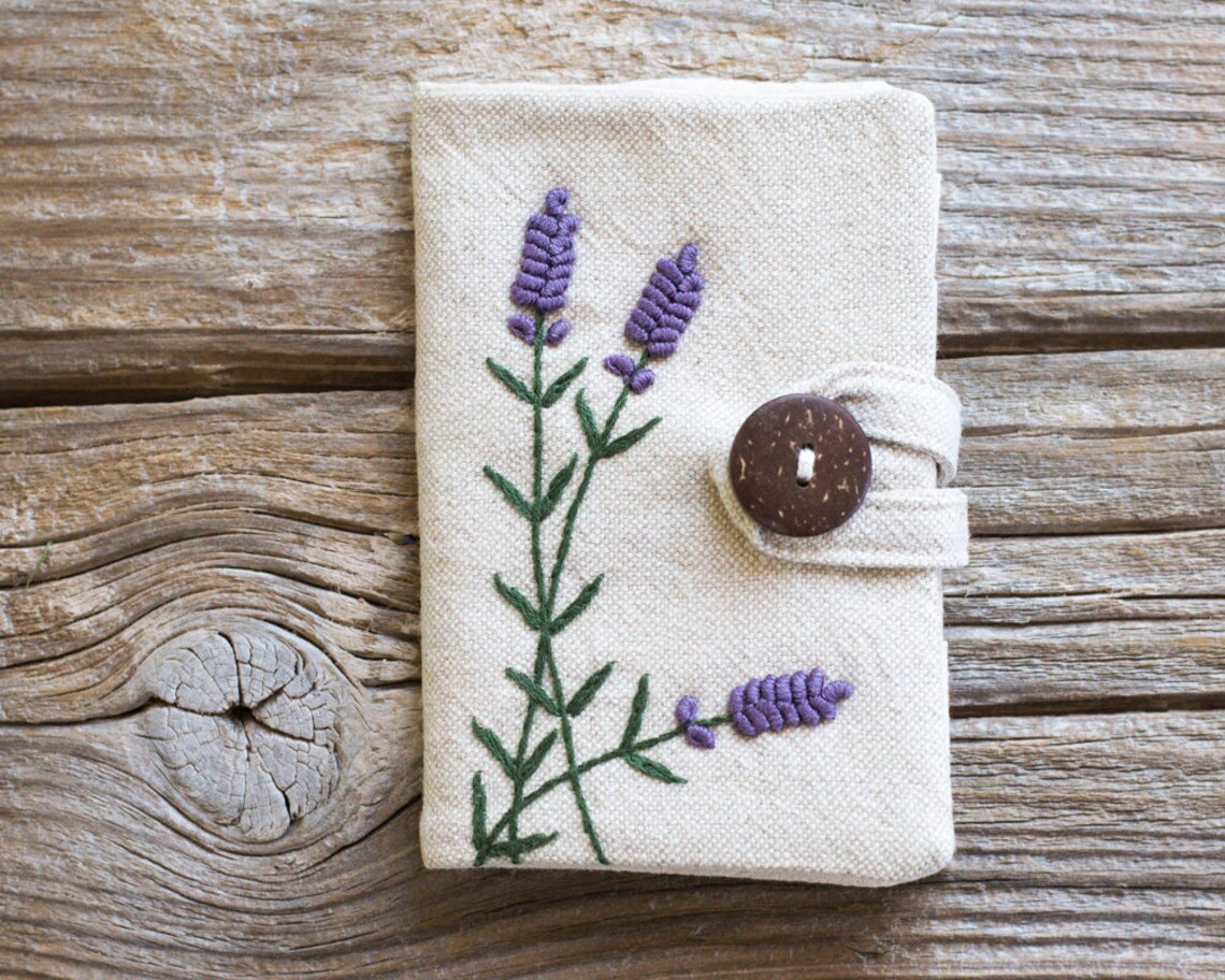 Linen and Cotton Wallet With Hand Embroidered Lavender - Etsy