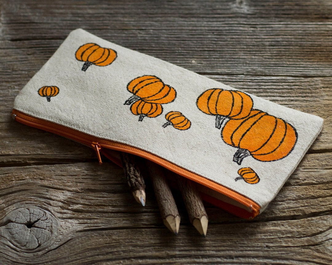 Hand Painted Orange Pumpkins Pencil Case, Natural Linen and Cotton Pen ...