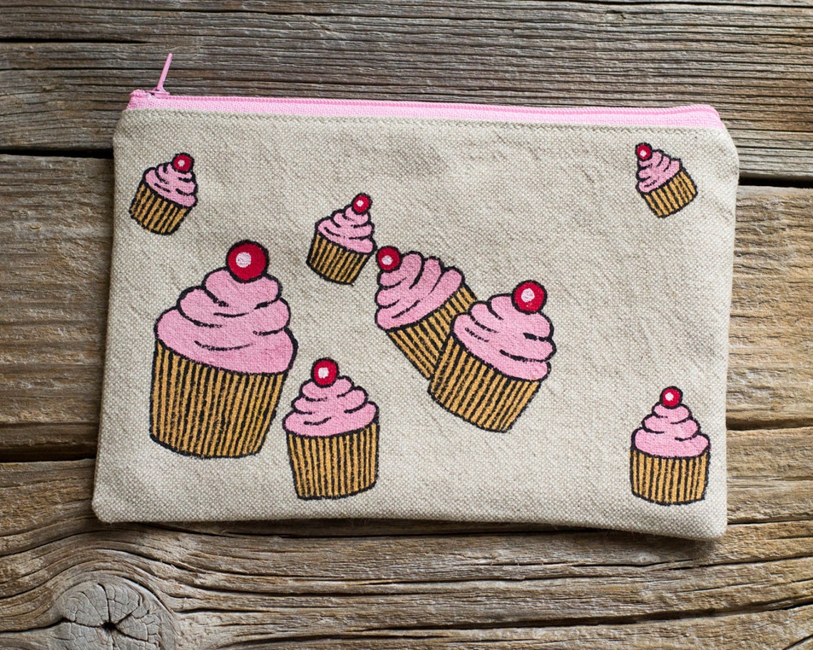 Hand Painted Cupcakes Zipper Pouch Natural Linen and Cotton - Etsy
