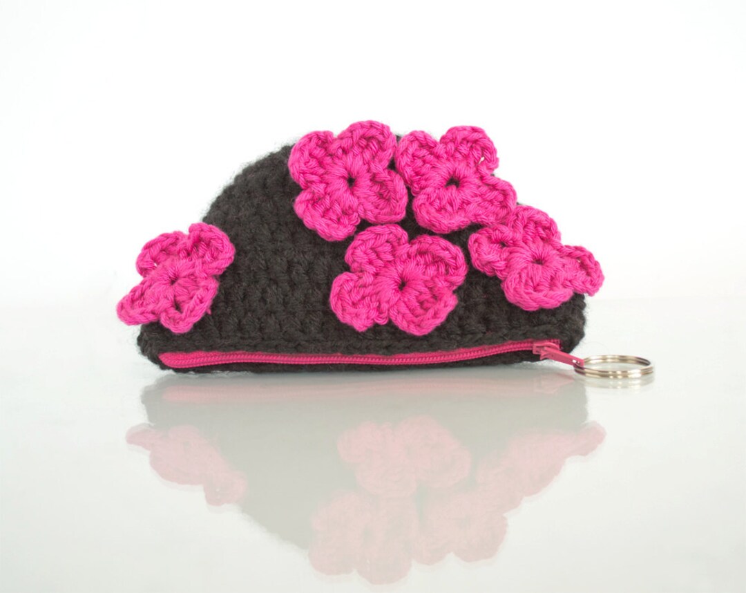 Crochet Coin Purse With Flowers in Hot Pink and Black - Etsy