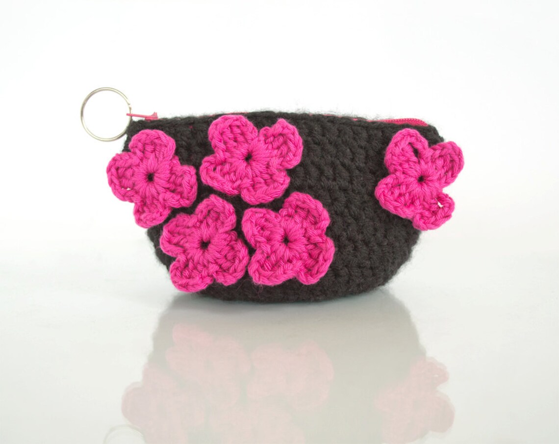 Crochet Coin Purse with Flowers in Hot Pink and Black | Etsy