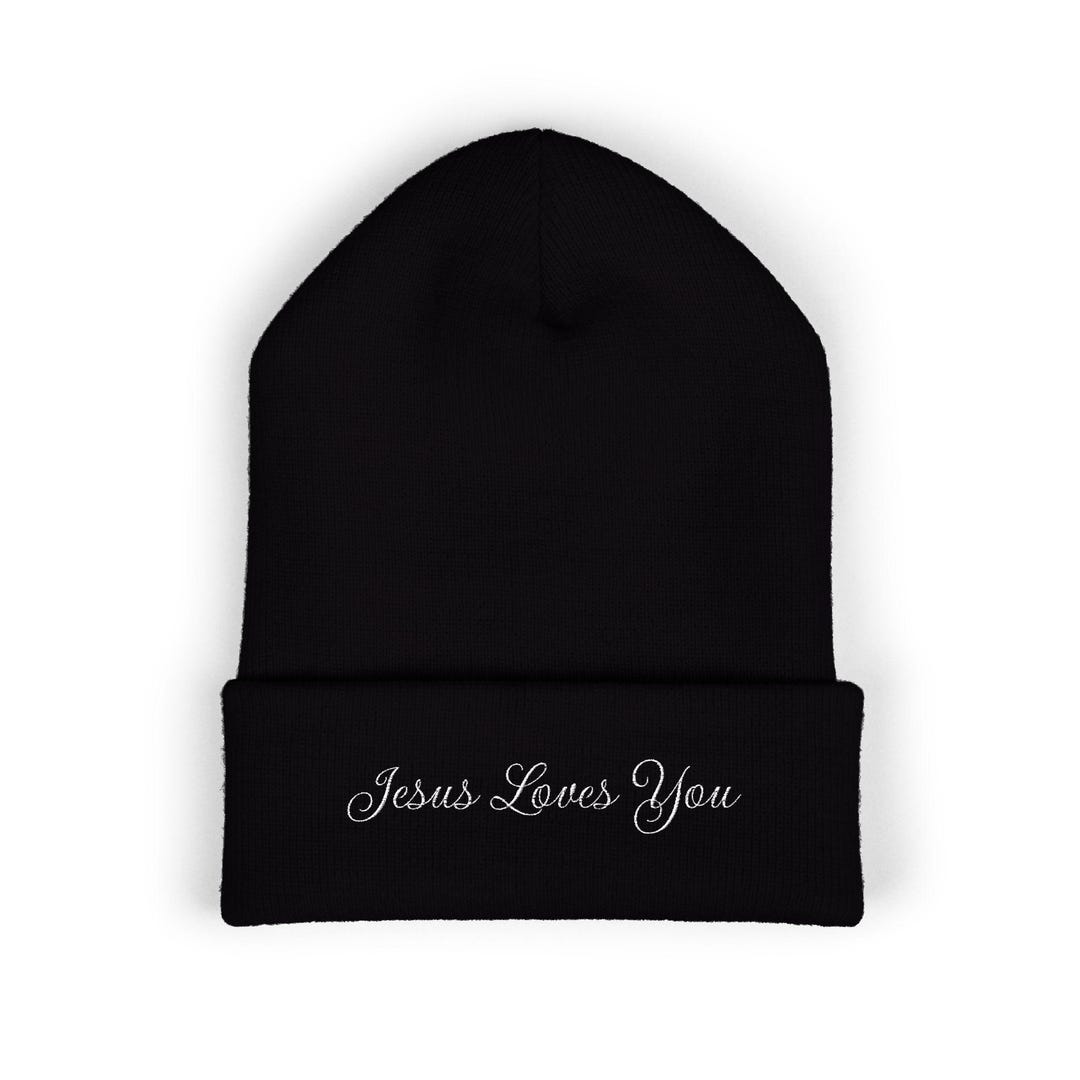 Embroidered 'jesus Loves You' Cuffed Beanie: Warm Turbo Acrylic Winter ...