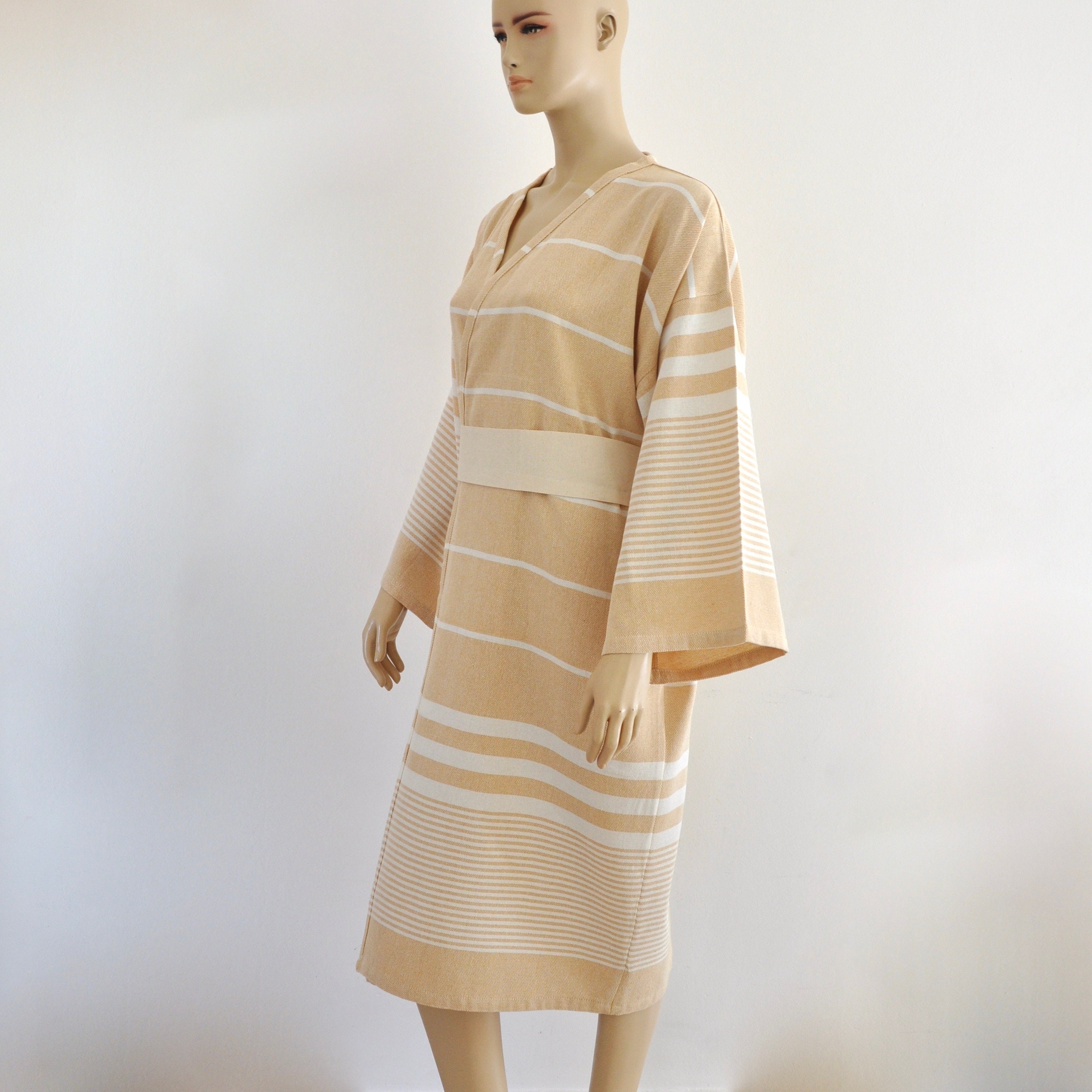 Beige Bathrobe Cotton Kimono Robe Peshtemal Turkish Towel Robe - Etsy