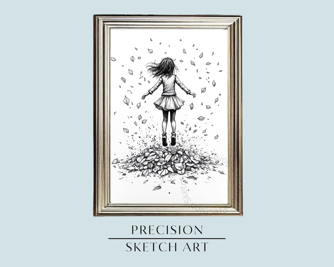 Girl Jumping Into Leaf Pile Art | Whimsical Autumn Childhood Sketch ...