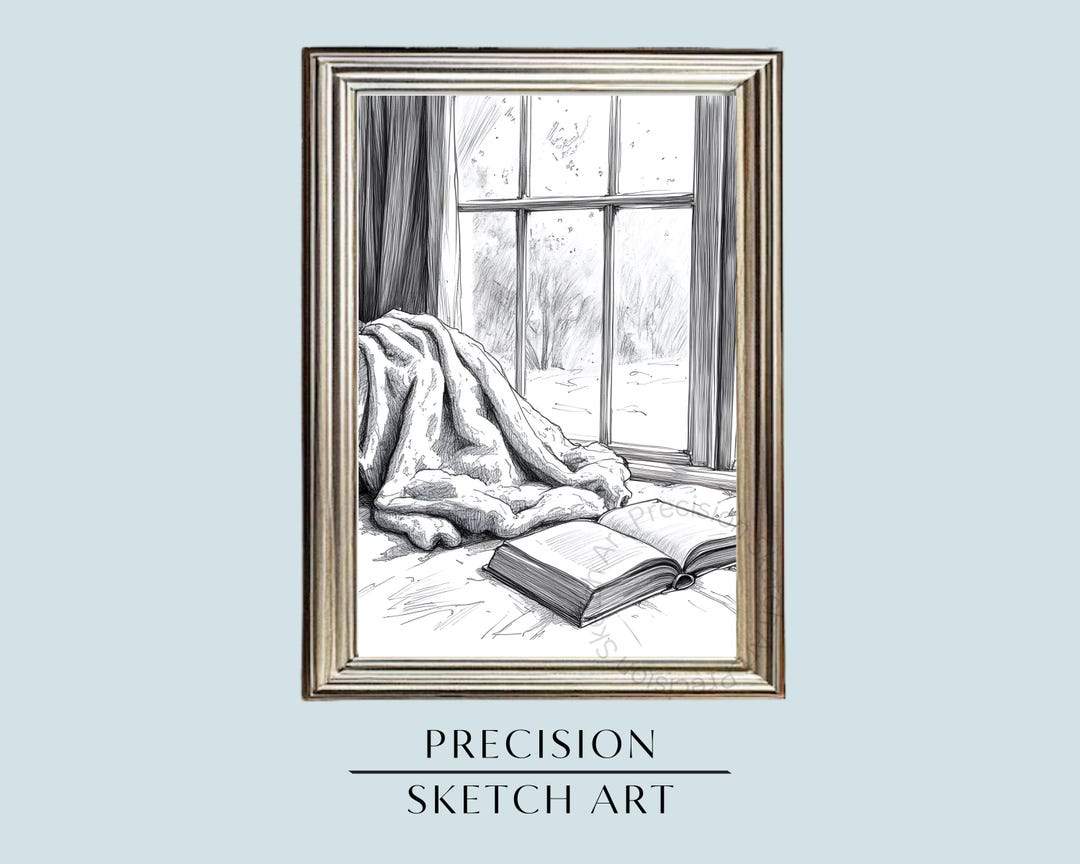 Cozy Reading Nook Art | Winter Window Sketch | Hygge Book Lover Wall ...