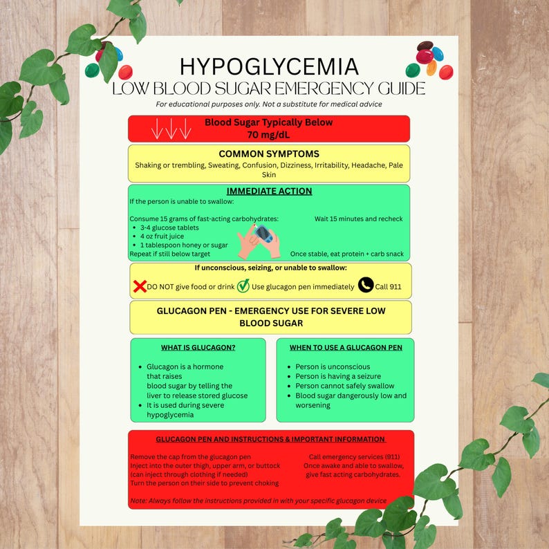 Diabetes Emergency Care Guide Printable | Hypo & Hyper Blood Sugar ...