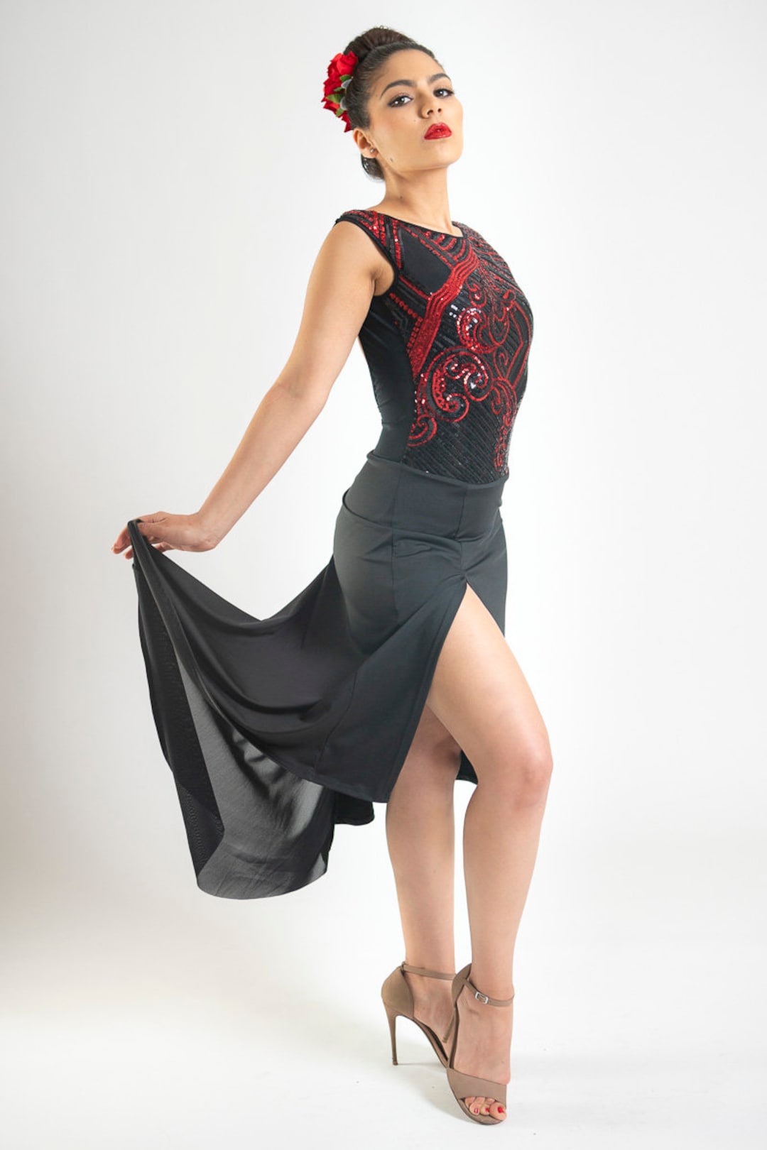 Red Black Sequin Tango Performance Dress, Stage Tango Dress, Latin ...