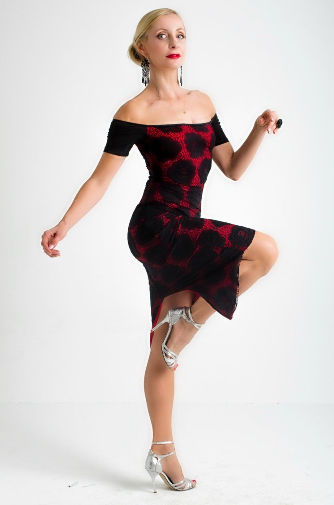 Lace Tango Cap Sleeve off Shoulder Ruched Dress With Split Tail Tango ...