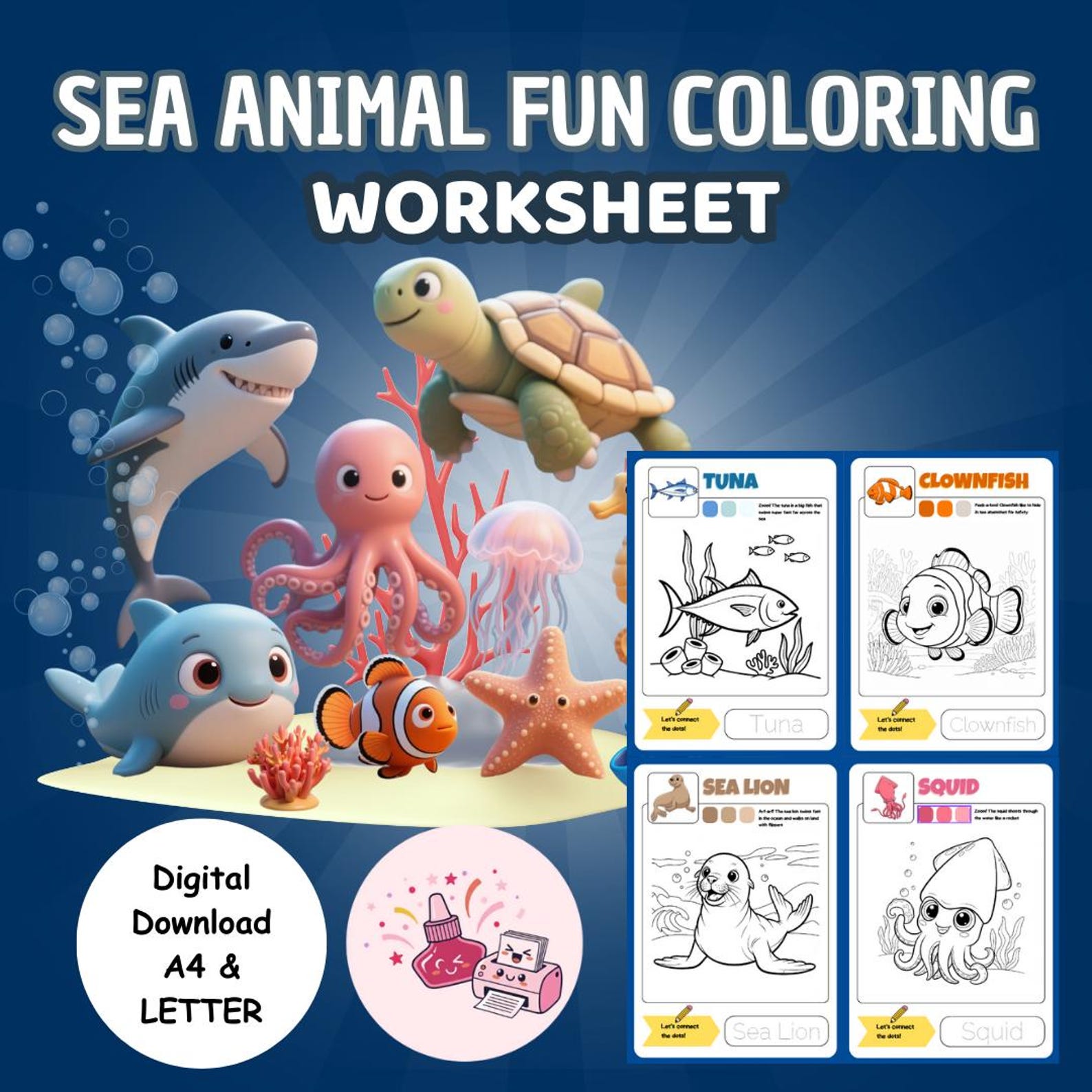 Sea Animals Fun Coloring Worksheets for Kids: 30-page Fun Learning ...