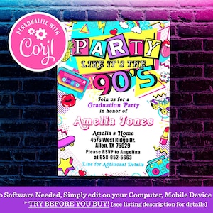 Editable Neon 90's Graduation Party Invitation, Party Like It's the 90s ...