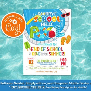 Editable End of School Pool Party Invitation, End of School Goodbye ...