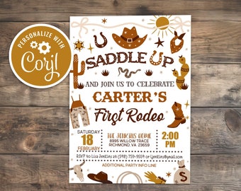 Editable My First Rodeo Invitation Cowboy Birthday Invite Wild West ...
